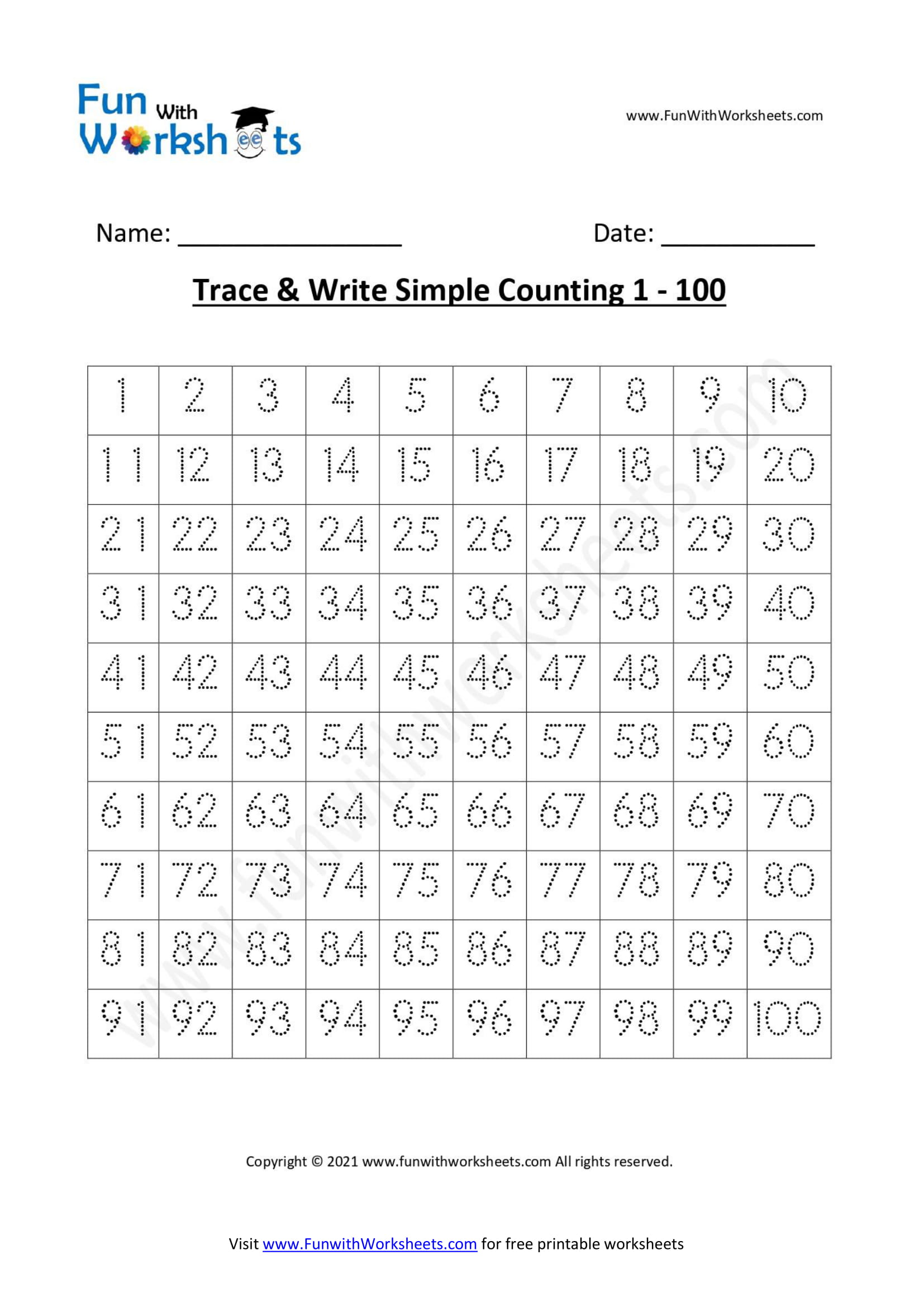 Trace and Learn Simple counting 1-100 - funwithworksheets.com - Worksheets Library