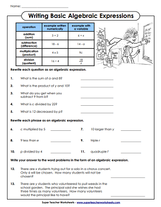 Writing Algebraic Expressions Worksheet | Beyond Maths - Worksheets Library