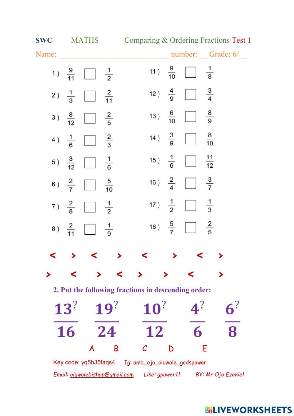 Comparing Ordering Fractions Grade 6 Worksheet Live Worksheets